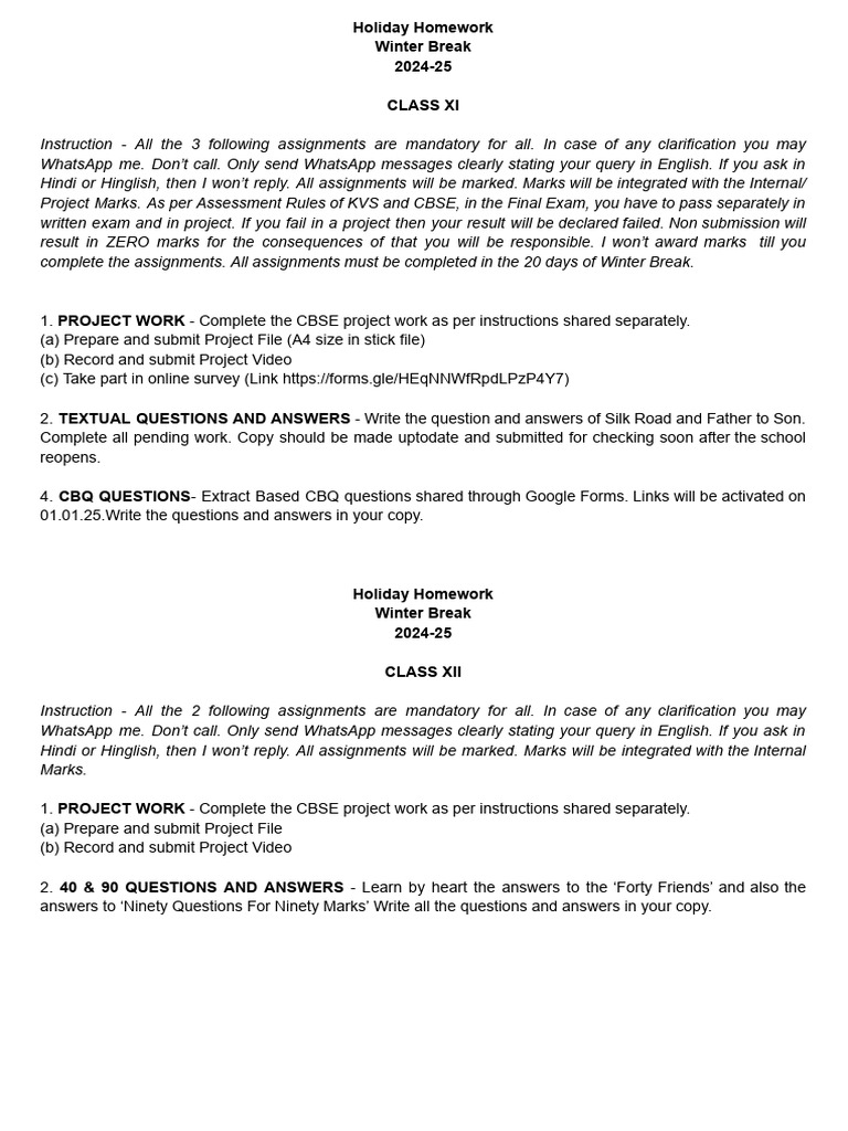 Class XI & XII Winter Break Homework | PDF | Educational Assessment And ...