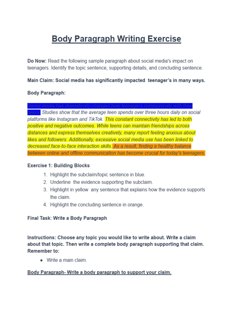 Copia de Body Paragraph Writing Exercise | PDF | Adolescence | Neuroscience