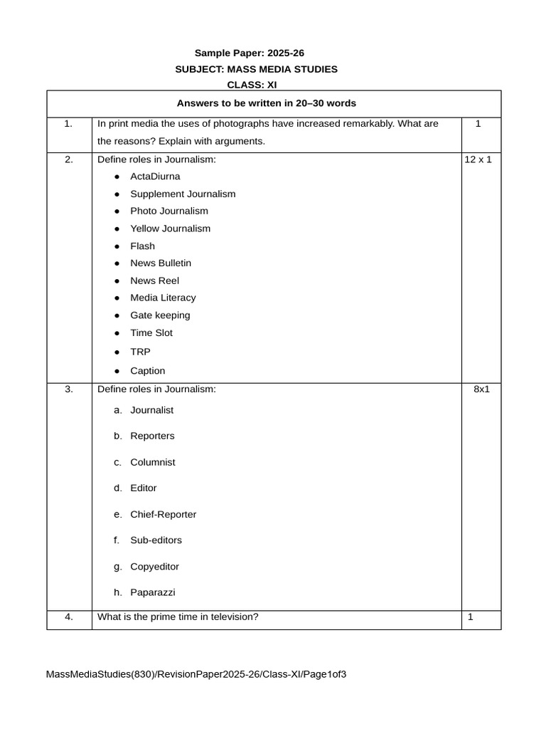 Mass Media Revision Worksheet | PDF | Journalism | Mass Media