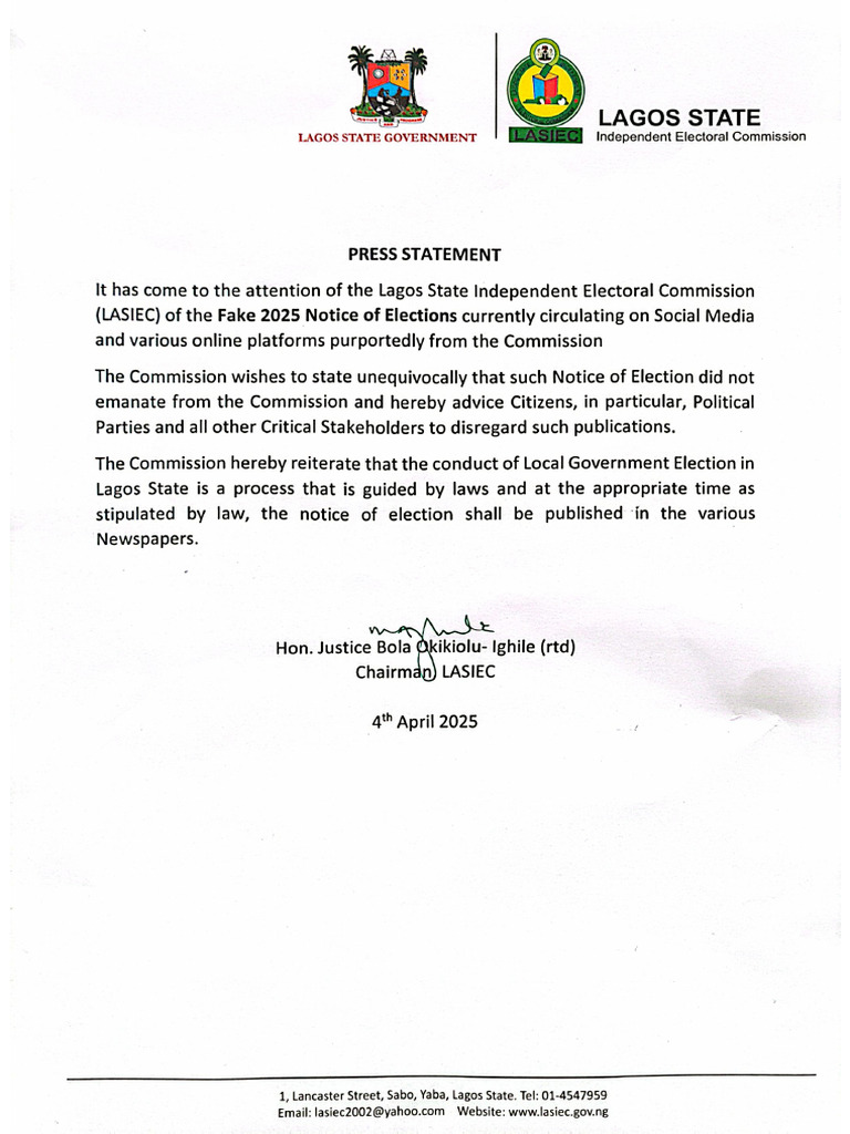 Press Statement From LASIEC Denying Fake 2025 Election Notice - 751 | PDF