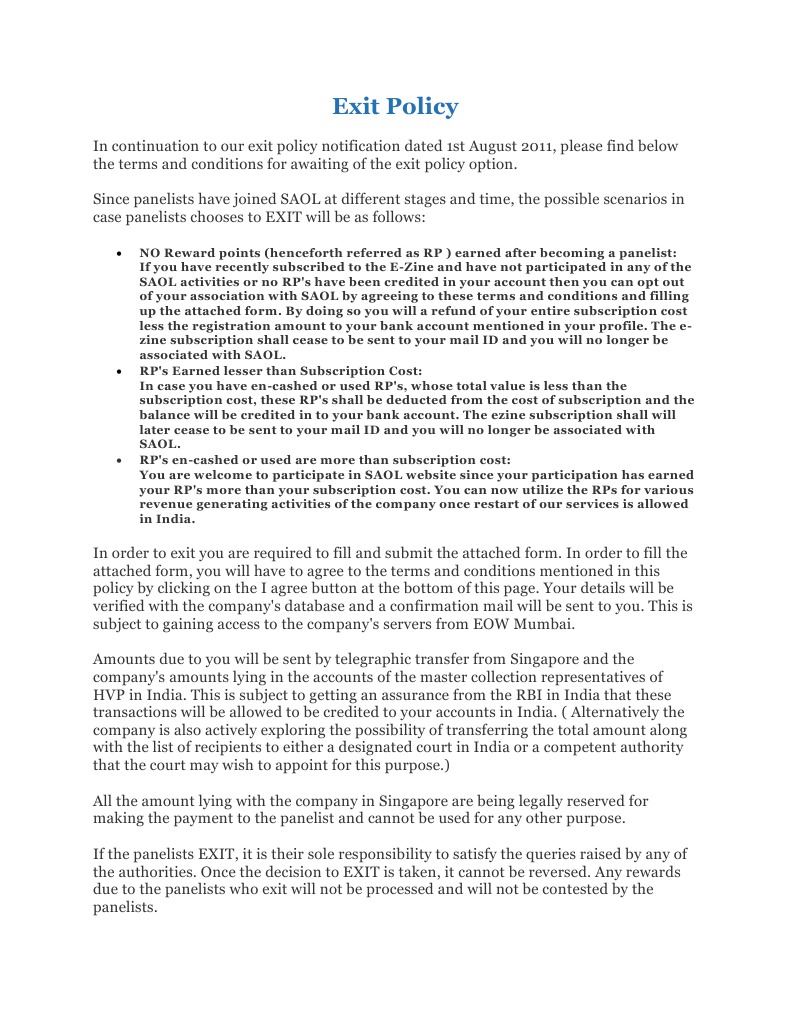 Exit Policy | PDF | Subscription Business Model | Service Industries