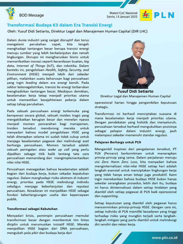 Materi CoC Nasional - BOD Message - Transformasi Budaya K3 Dalam Era Transisi Energi | PDF