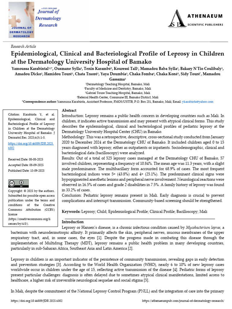 Epidemiological Clinical and Bacteriological Profile of Leprosy in ...