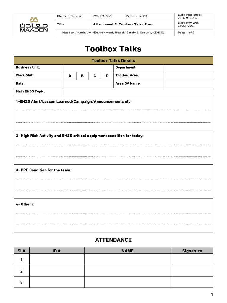 Toolbox Talks Format | PDF | Occupational Safety And Health | Workplace