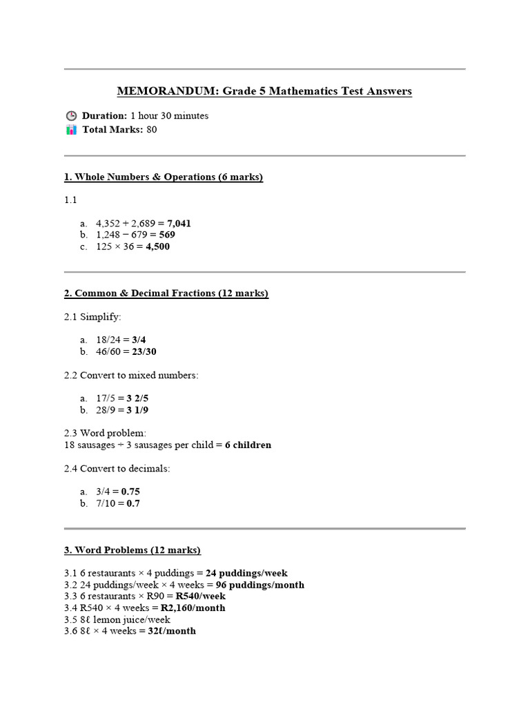 Grade 5 Math Test[1] Memo | PDF