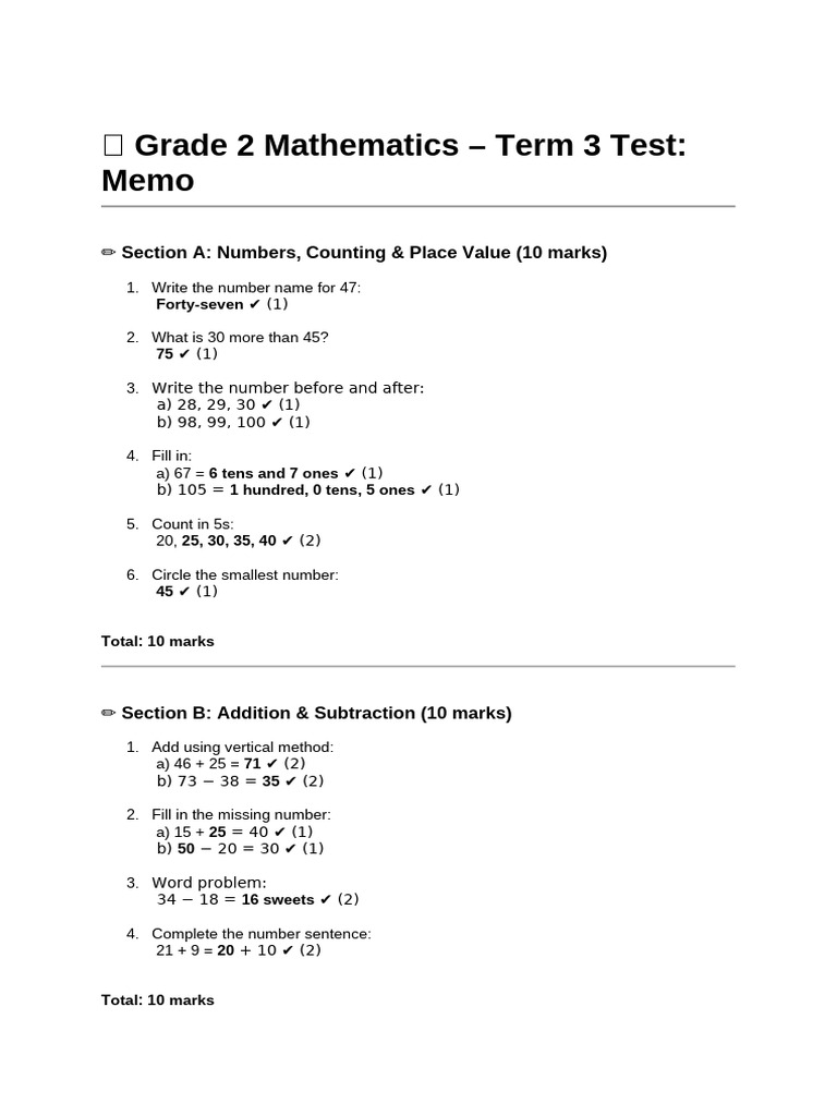 Grade 2 Maths Term 3 Test Memo | PDF