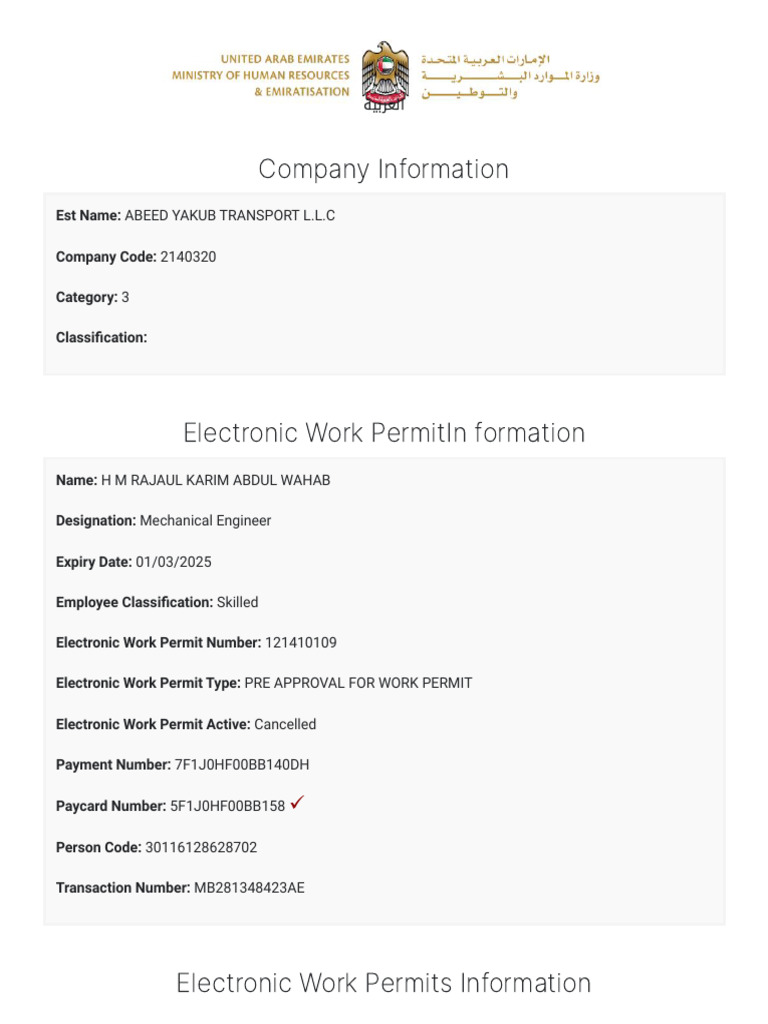 ABEED YAKUB TRANSPORT Work Permit Info | PDF