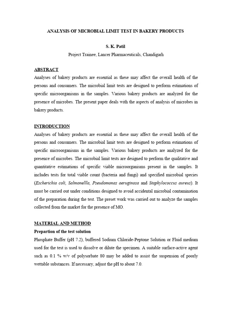 Analysis of Microbial Limit Test in Bakery Products | PDF | Agar ...