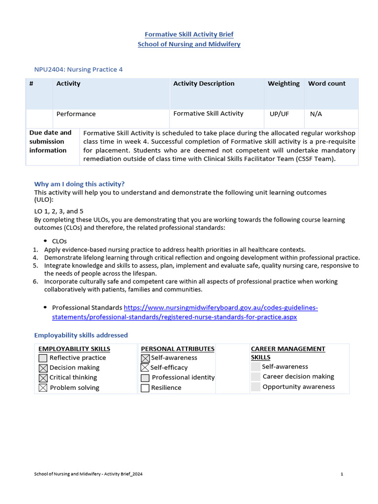 Formative Skill Activity Brief 2024 S1 2024 | PDF | Nursing | Skill