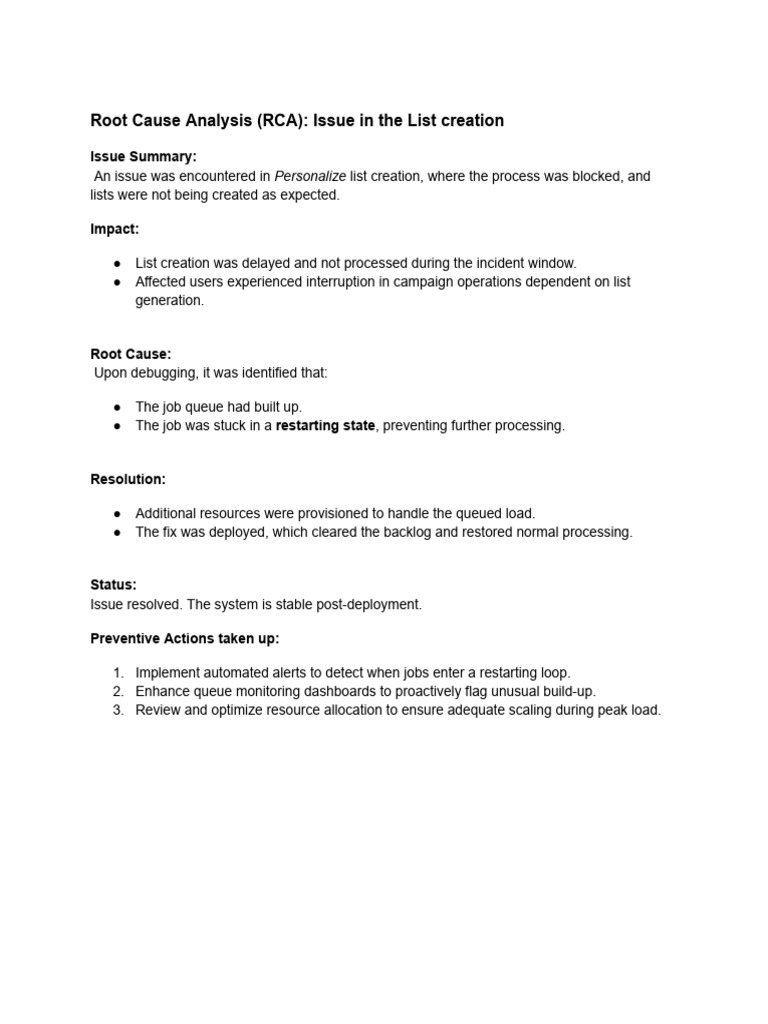 RCA - List Creation Issue | PDF
