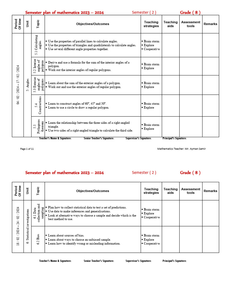 Grade 8 Mathematics Semester Plan 2023-24 | PDF | Area | Shape