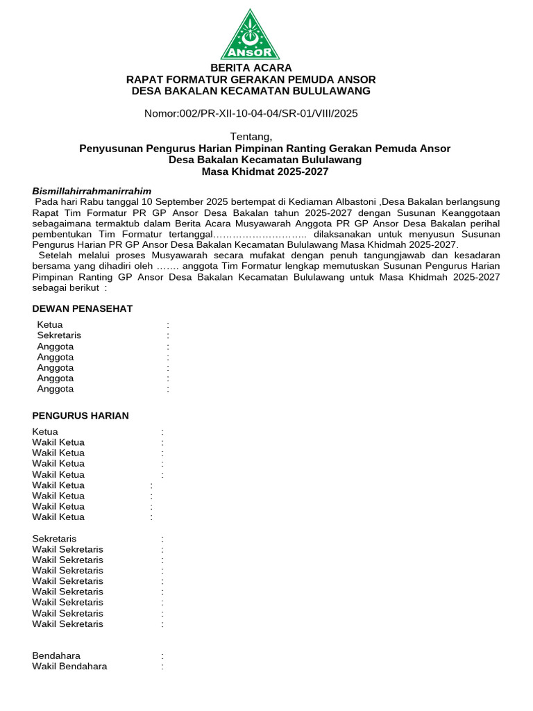 berita acara formatur pr gp ansor bakalan | PDF