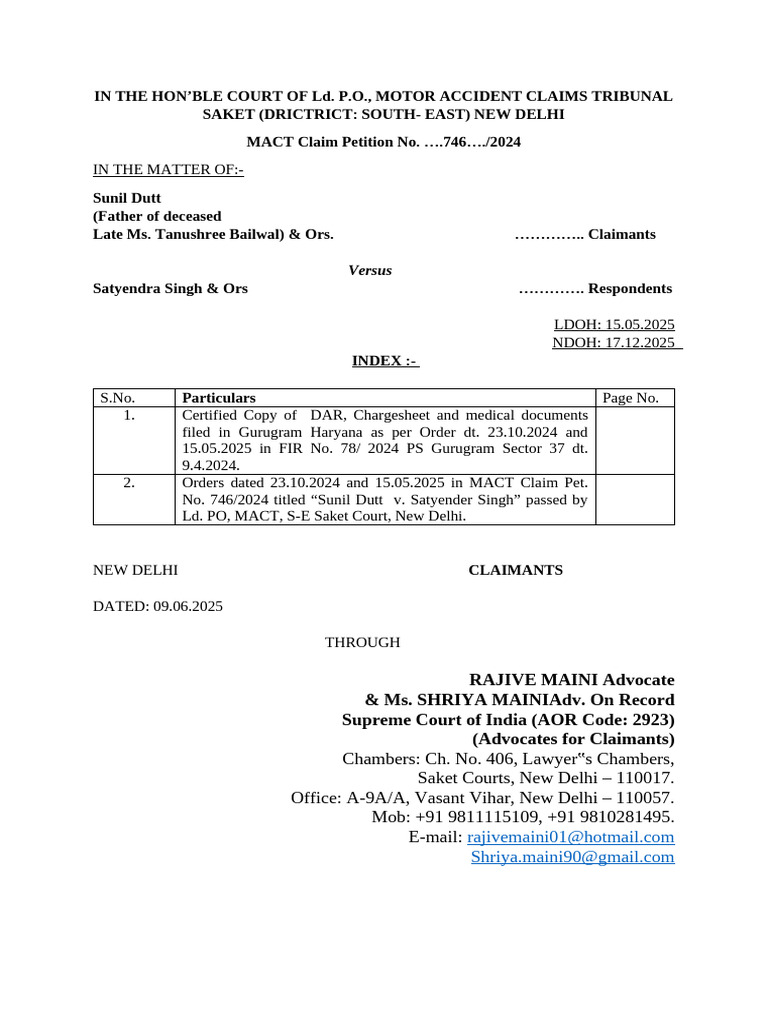 MACT Claim Petition: Sunil Dutt v. Satyendra Singh | PDF