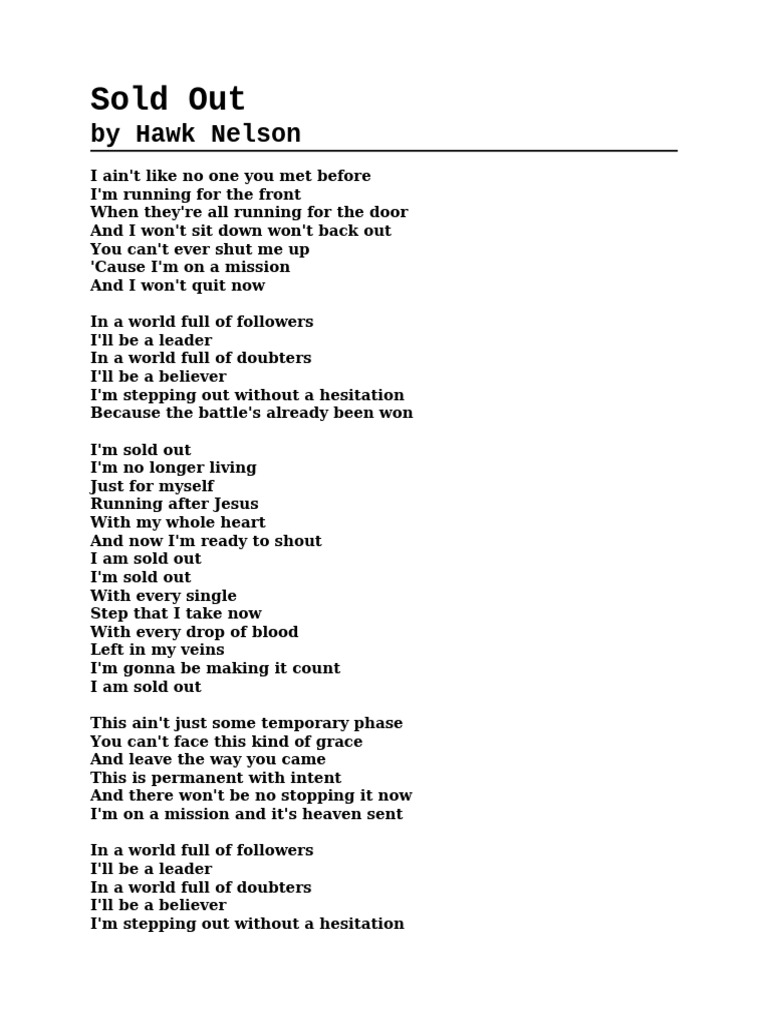 Hawk Nelson's "Sold Out" Lyrics | PDF