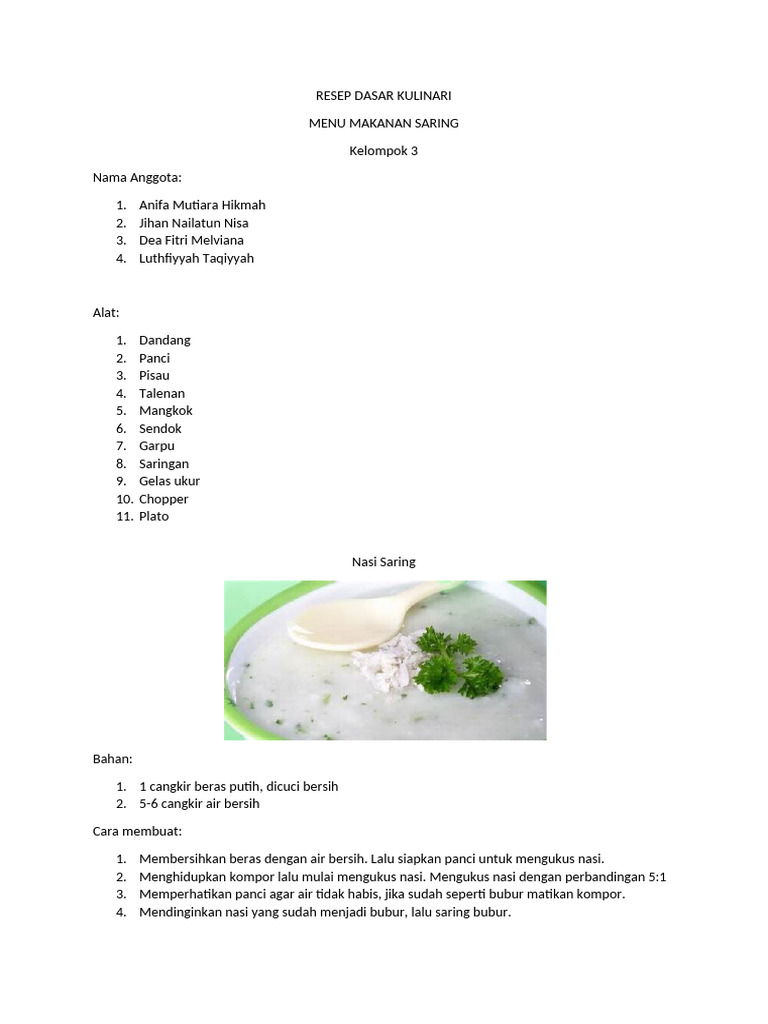 KLP 3 Menu Makanan Saring | PDF