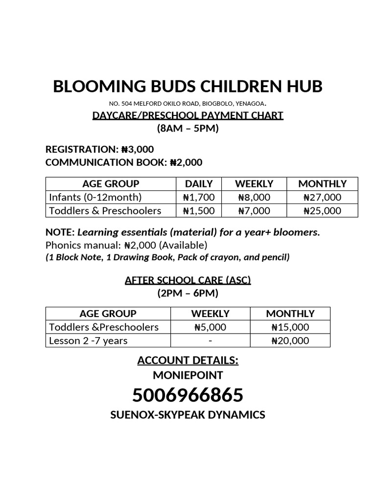 Blooming Buds Daycare Payment Chart | PDF