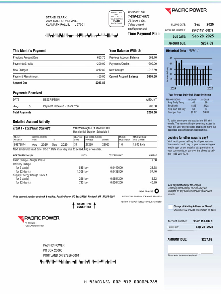 Pacific Power Billing Statement Summary | PDF