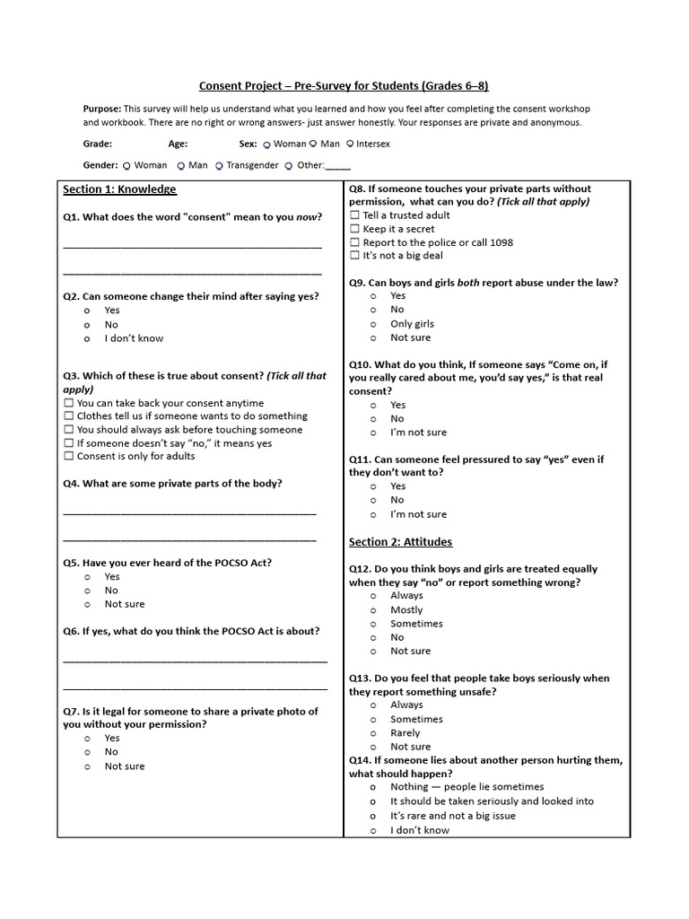 Student Consent Workshop Pre-Survey | PDF | Gender | Gender Studies