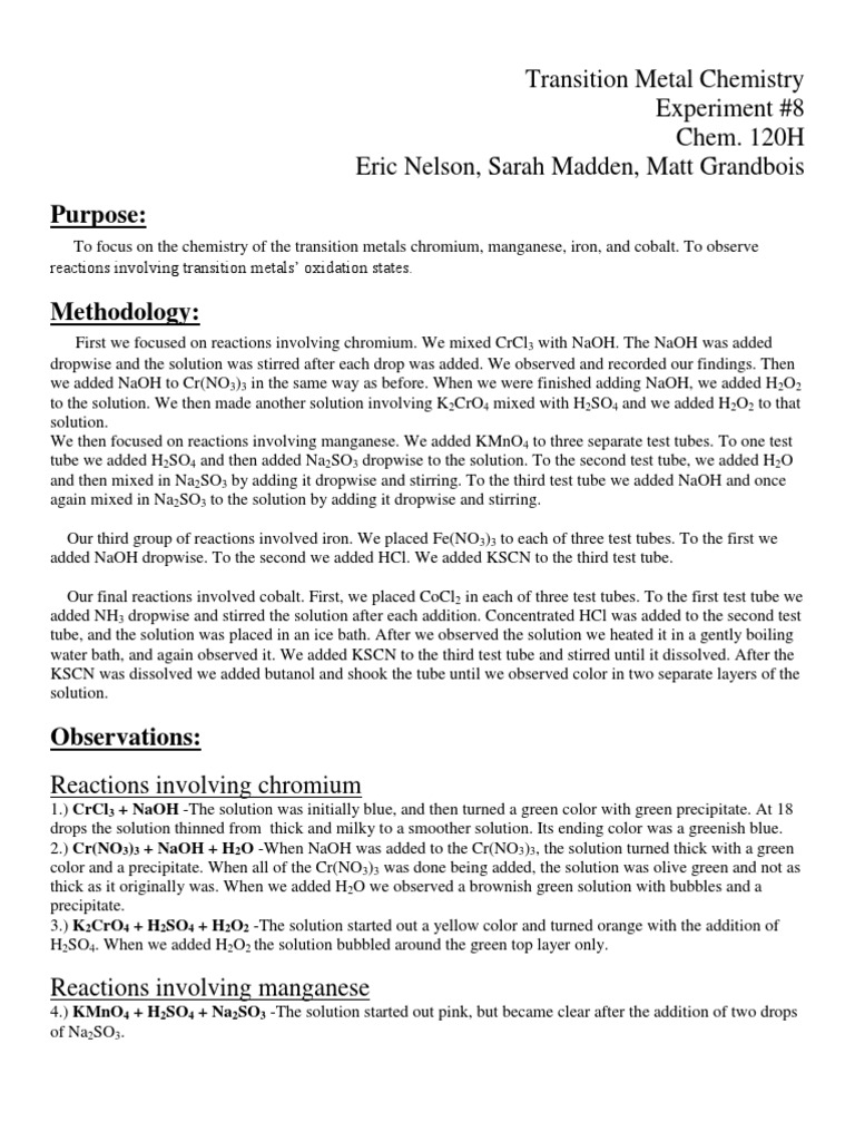 Transition Metal Reactions Lab Report | PDF | Chromium | Manganese