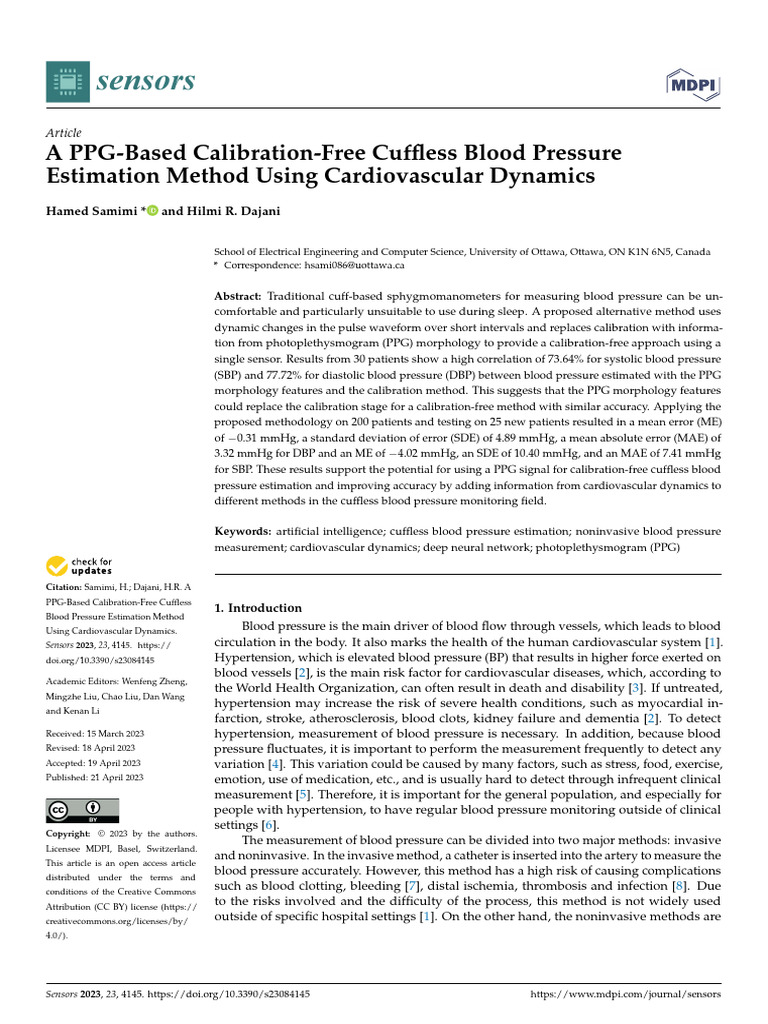 A PPG-Based Calibration-Free Cuffless Blood Pressure Estimation Method ...