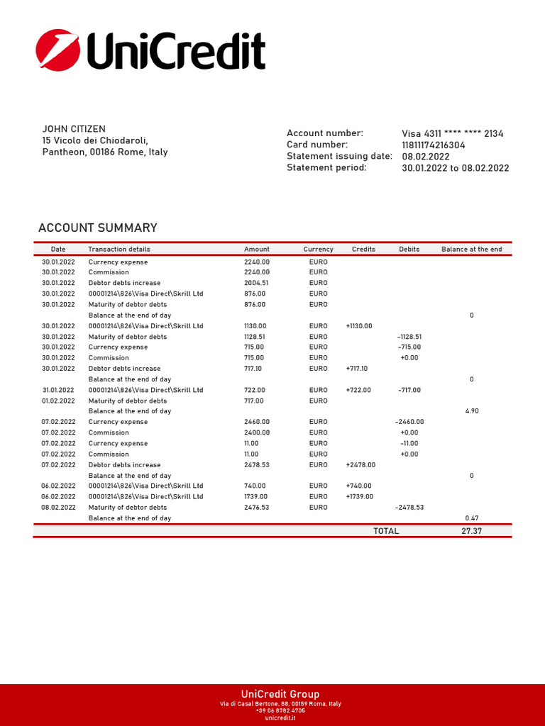 UniCredit Bank Statement Summary | PDF | Euro | Visa Inc.