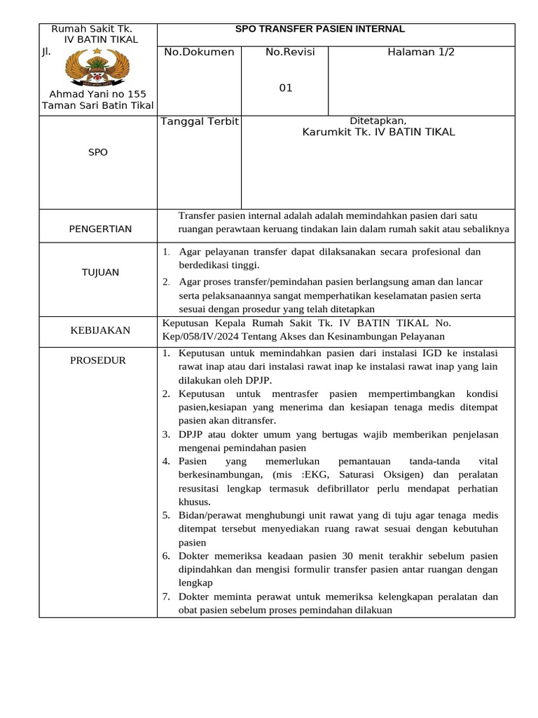 Spo Transfer Pasien Internal | PDF