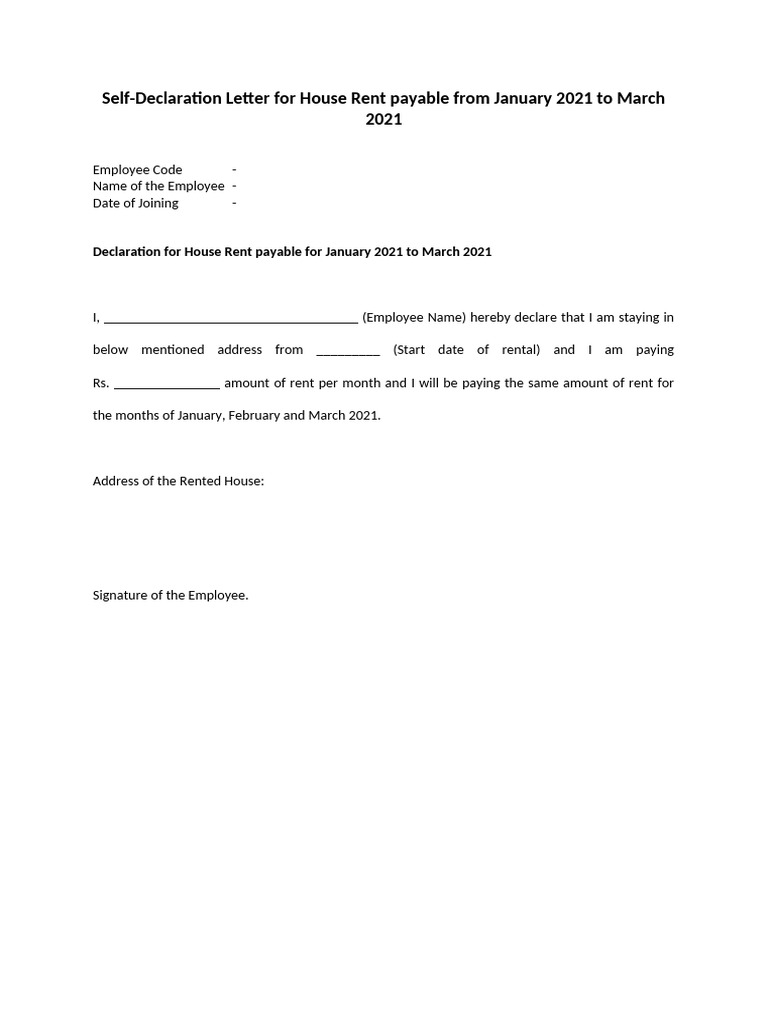 Self Declaration Letter For Rent Payable - Jan 2021 To March 2021 | PDF