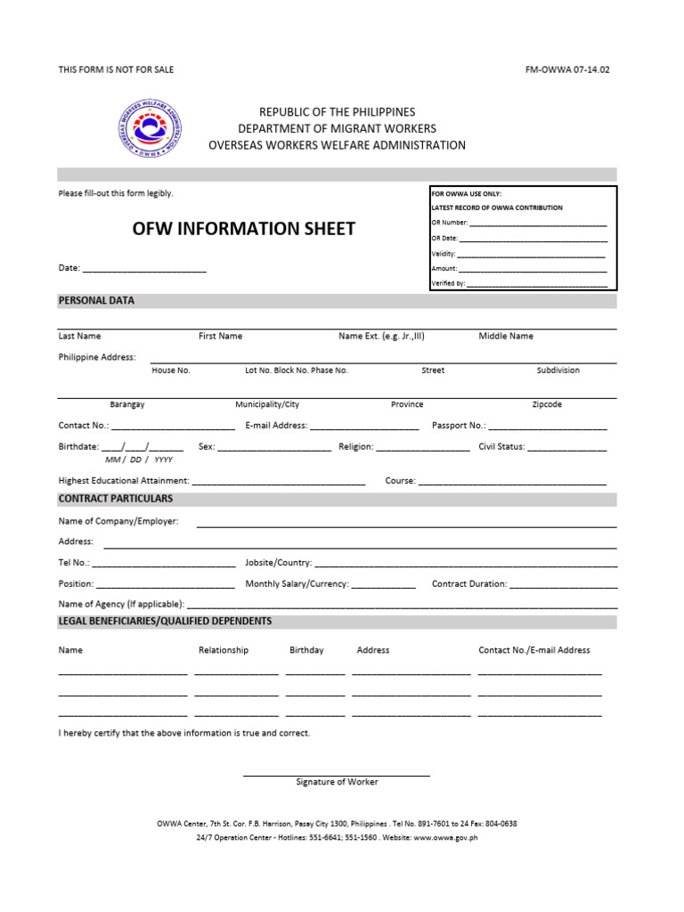 OFW Information Sheet Form | PDF | Labor