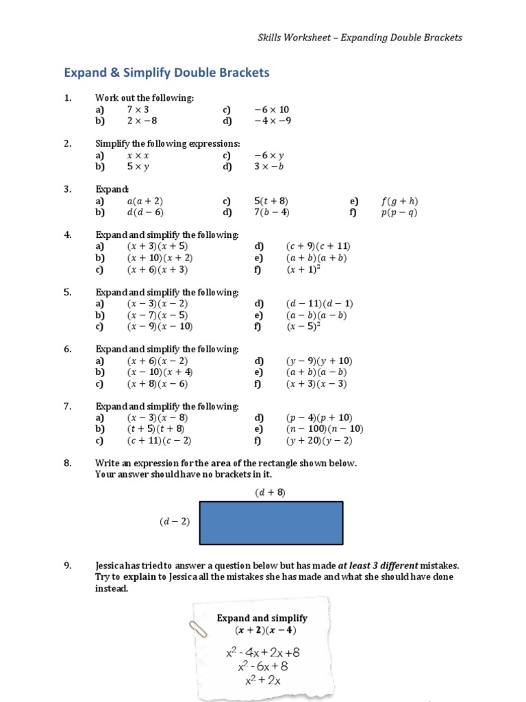 Expand and Simplify Double Brackets Worksheet Expand and Simplify Double Brackets Worksheet