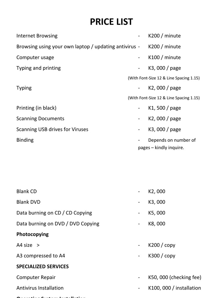 Computer Services Price List | PDF | Computers