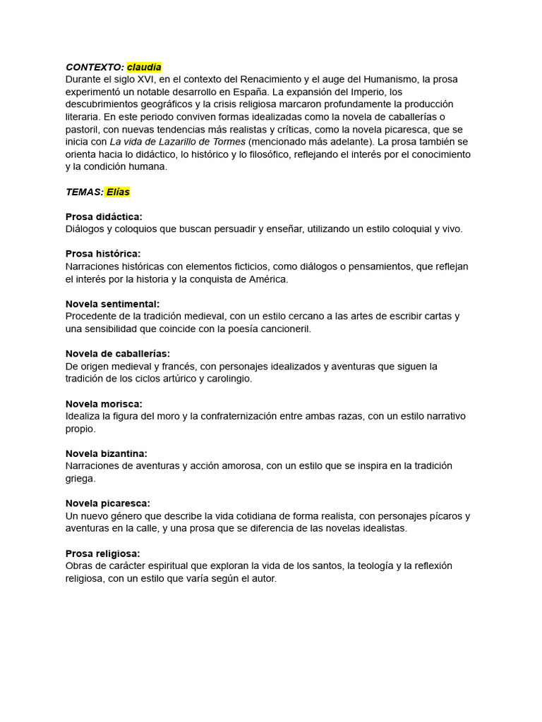 Prosa y Literatura en el Siglo XVI Español | PDF | Miguel De Cervantes ...
