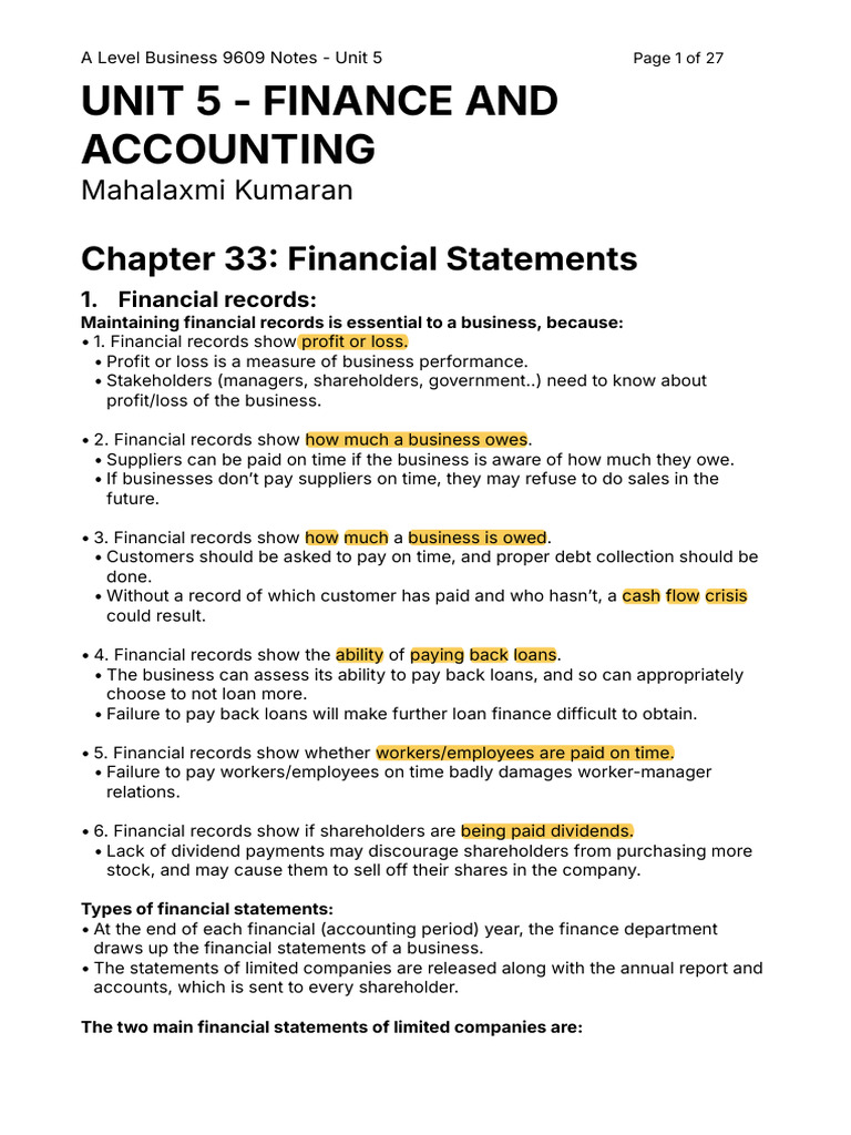 A Level Business - UNIT 5 Notes | PDF | Dividend | Equity (Finance)