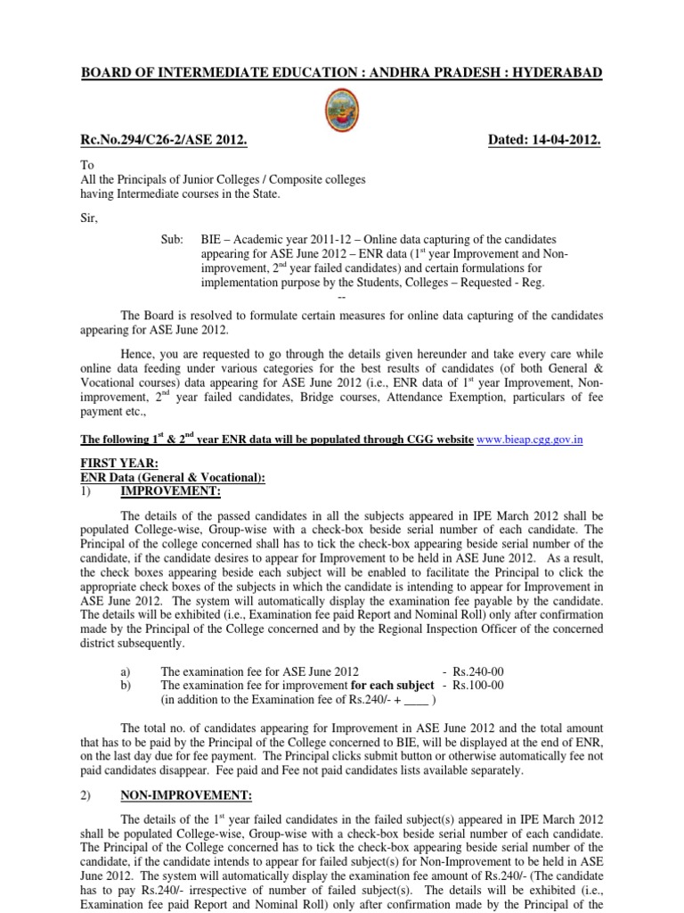 Board of Intermediate Education: Andhra Pradesh: Hyderabad | PDF | Fee ...
