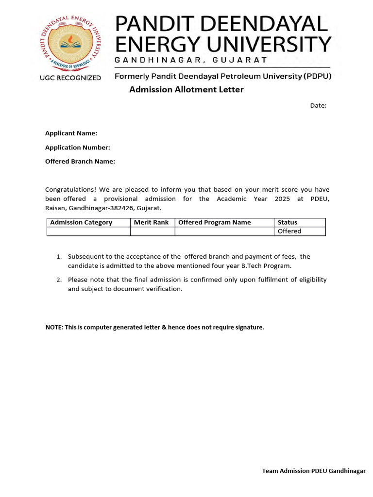 Admission Allotment Letter: Applicant Name: Application Number: Offered ...