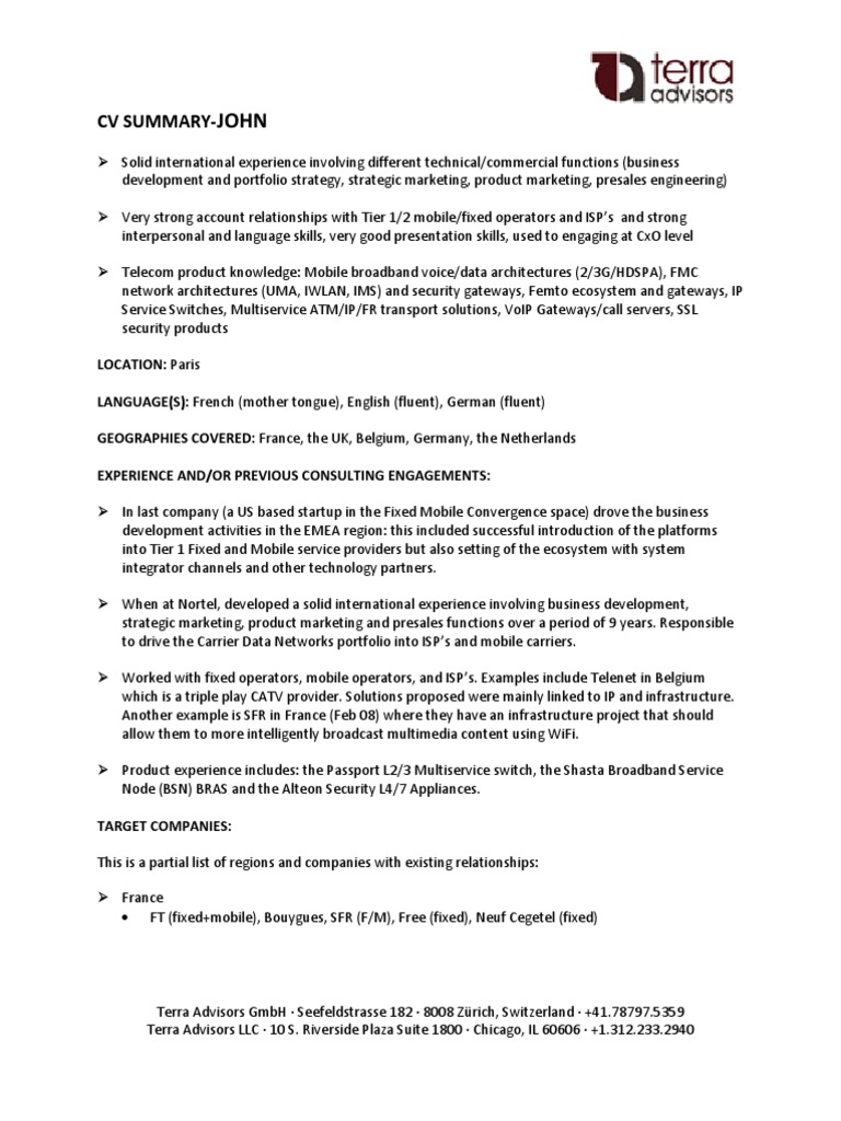 CV Summary Example Oct 09 v1 | PDF