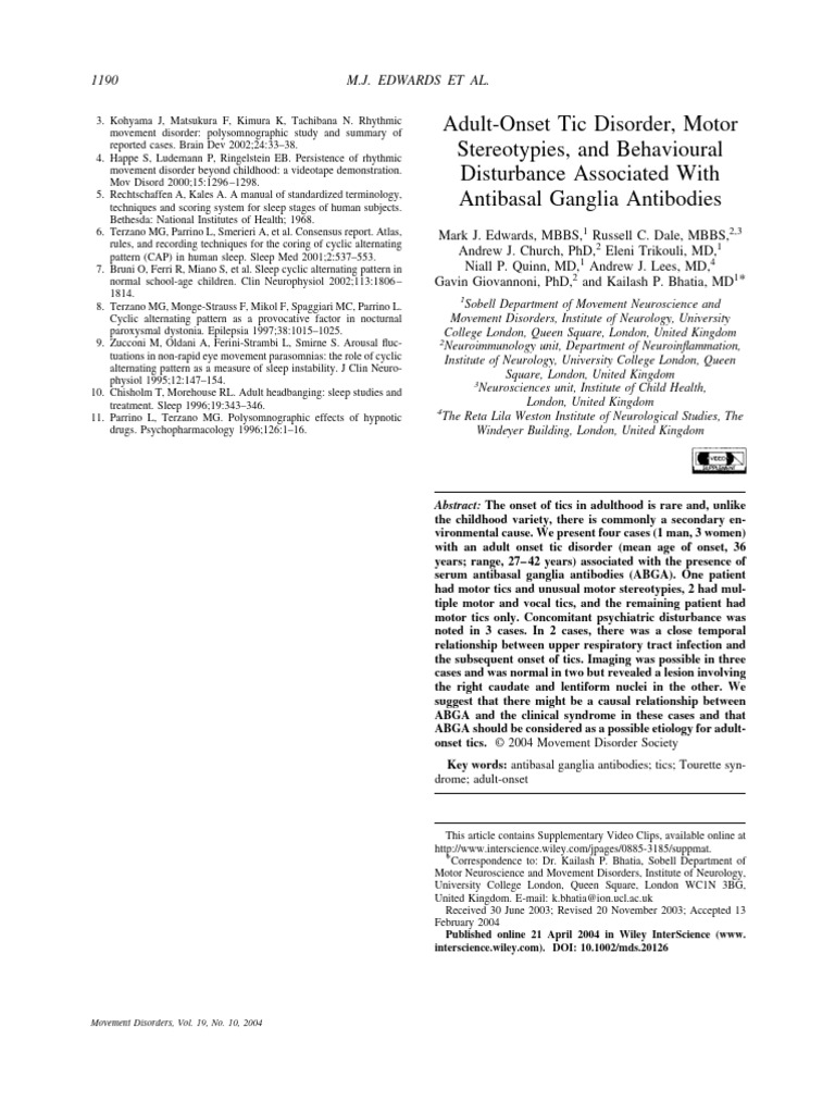 Adult-Onset Tics and Antibasal Ganglia Antibodies | PDF | Tourette ...