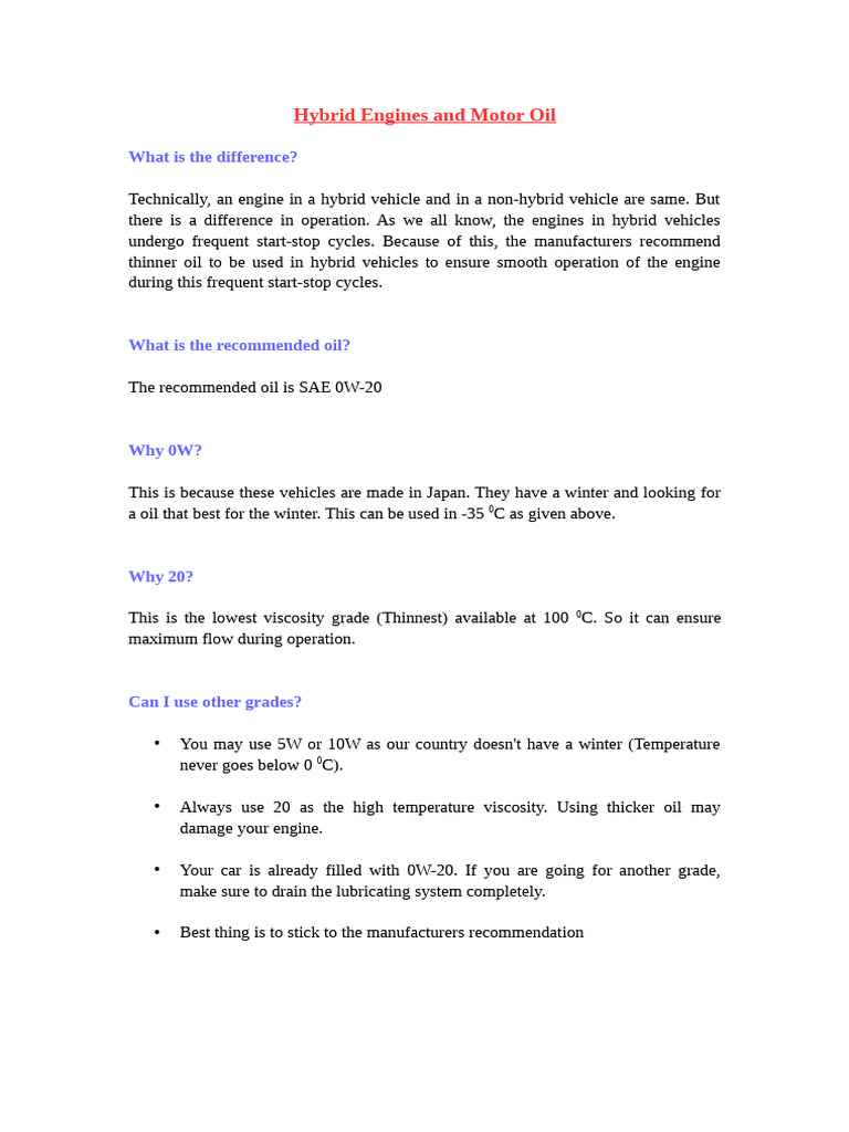 Optimal Oil for Hybrid Engines | PDF
