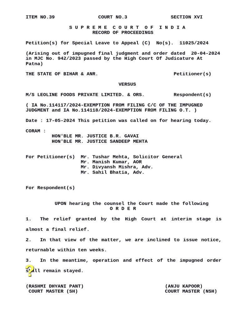 Supreme Court Petition: Bihar vs. Leoline Foods | PDF