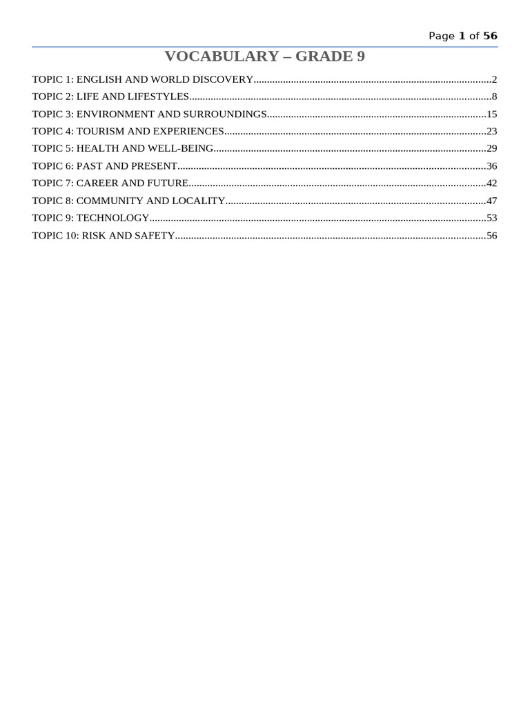 Grade 9 Vocab - Topic | PDF