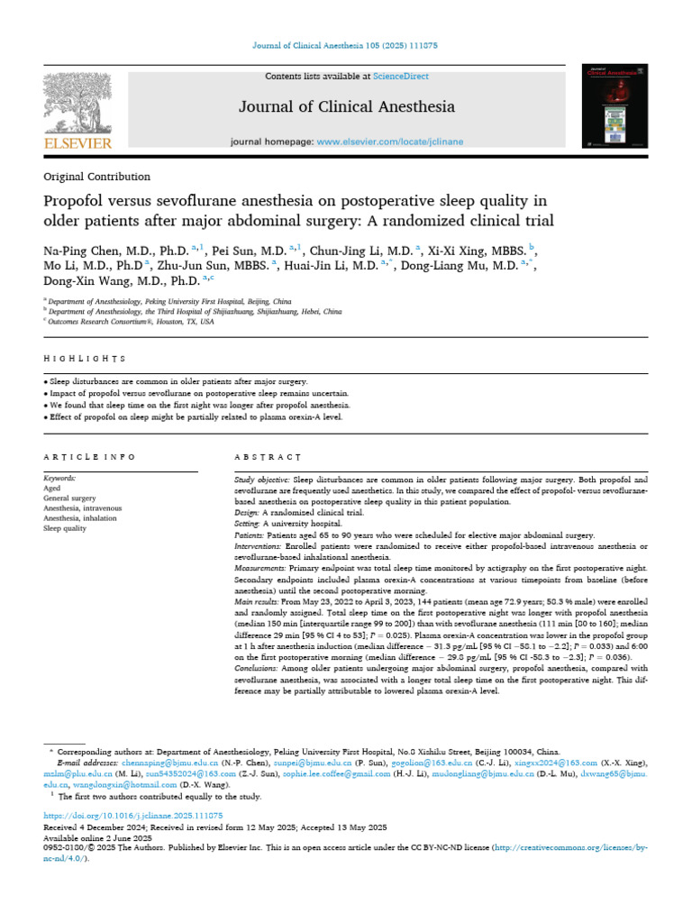 Propofol Versus Sevoflurane Anesthesia On Postoperative Sleep Quality ...