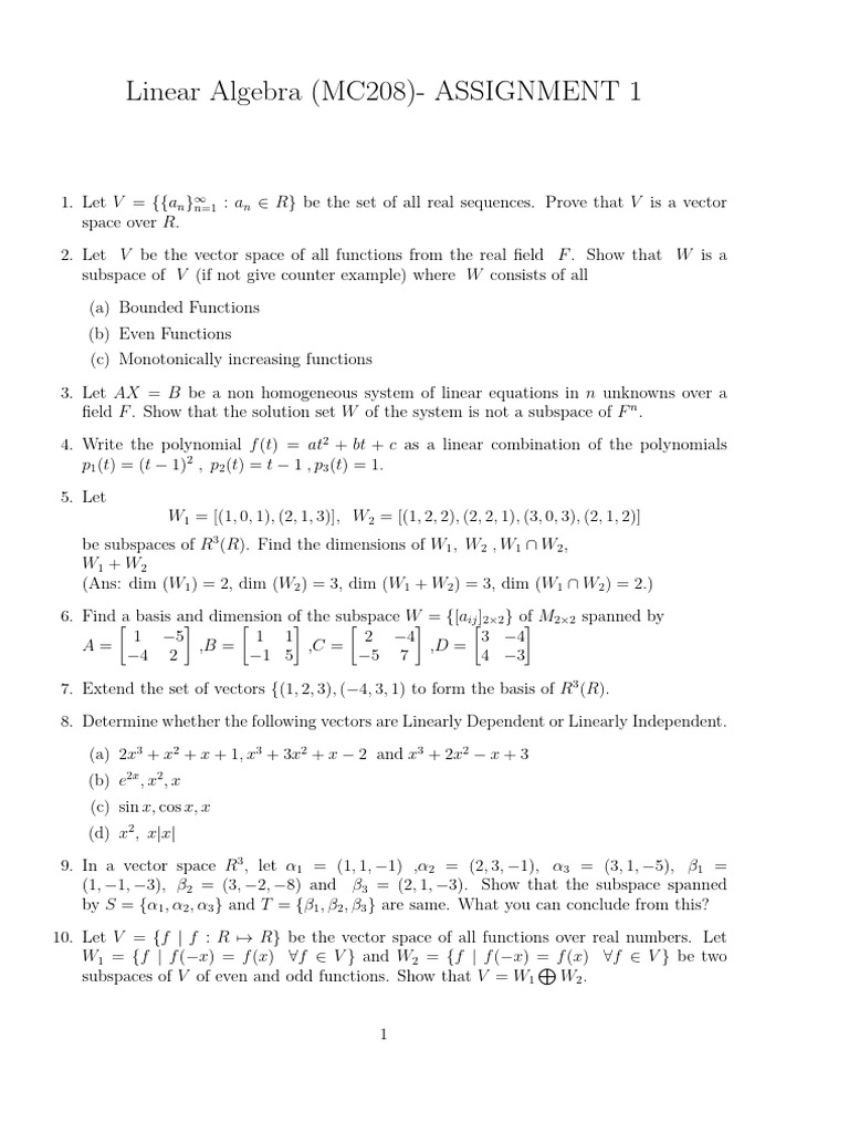 Linear Algebra Assignment on Vector Spaces | PDF | Linear Subspace ...