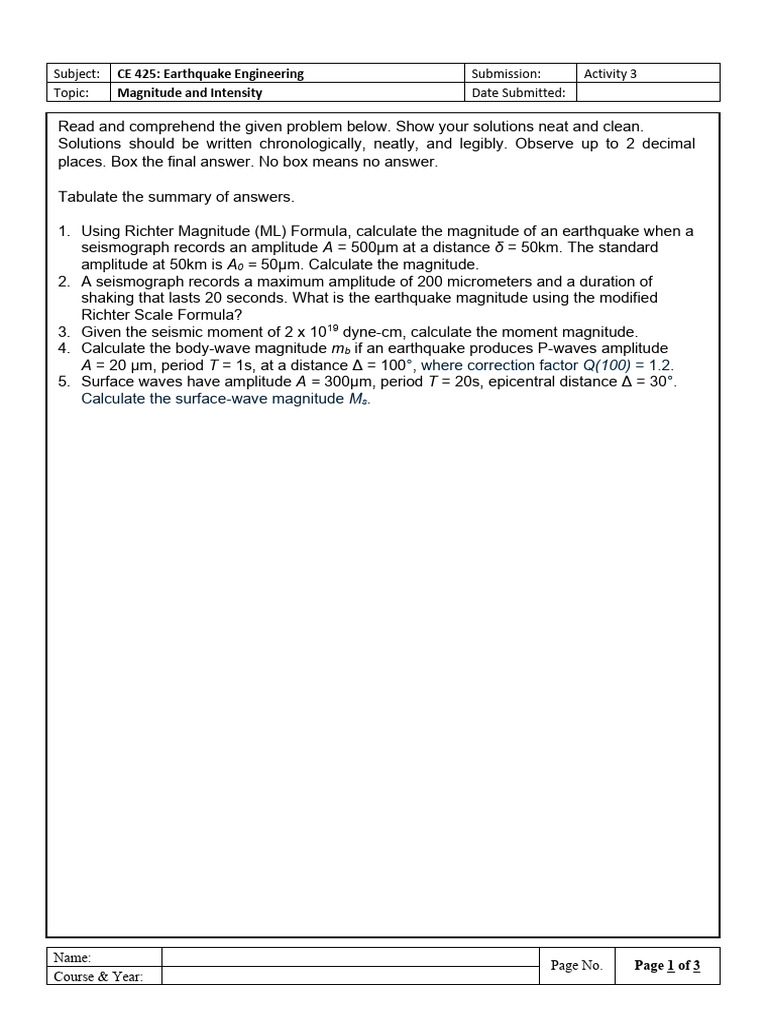 Earthquake Magnitude Calculations Guide | PDF