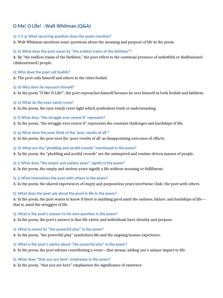 O Me! O Life! Poem Analysis & Insights | PDF | Poetry | Identity ...