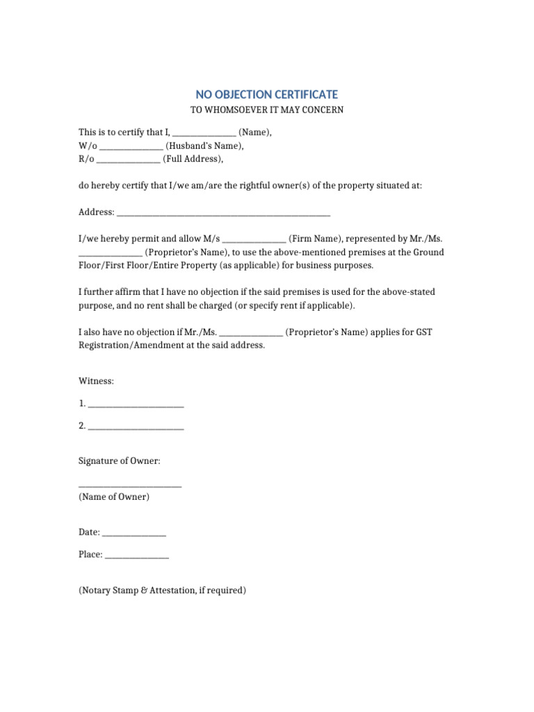 No Objection Certificate Template | PDF