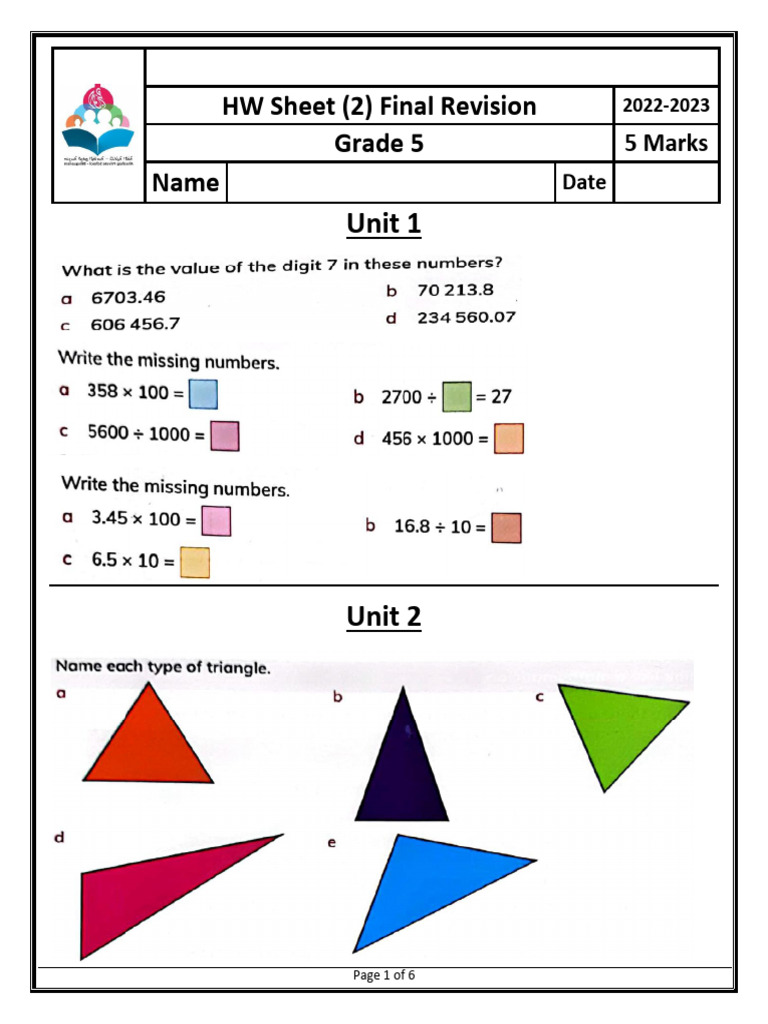 Grade 5 Final Revision HW Sheet | PDF