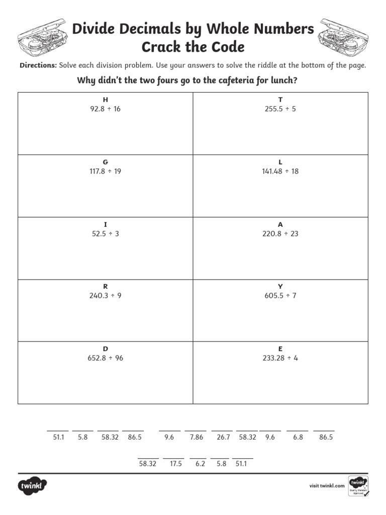 Divide Decimals by Whole Numbers Crack the Code Activity | PDF