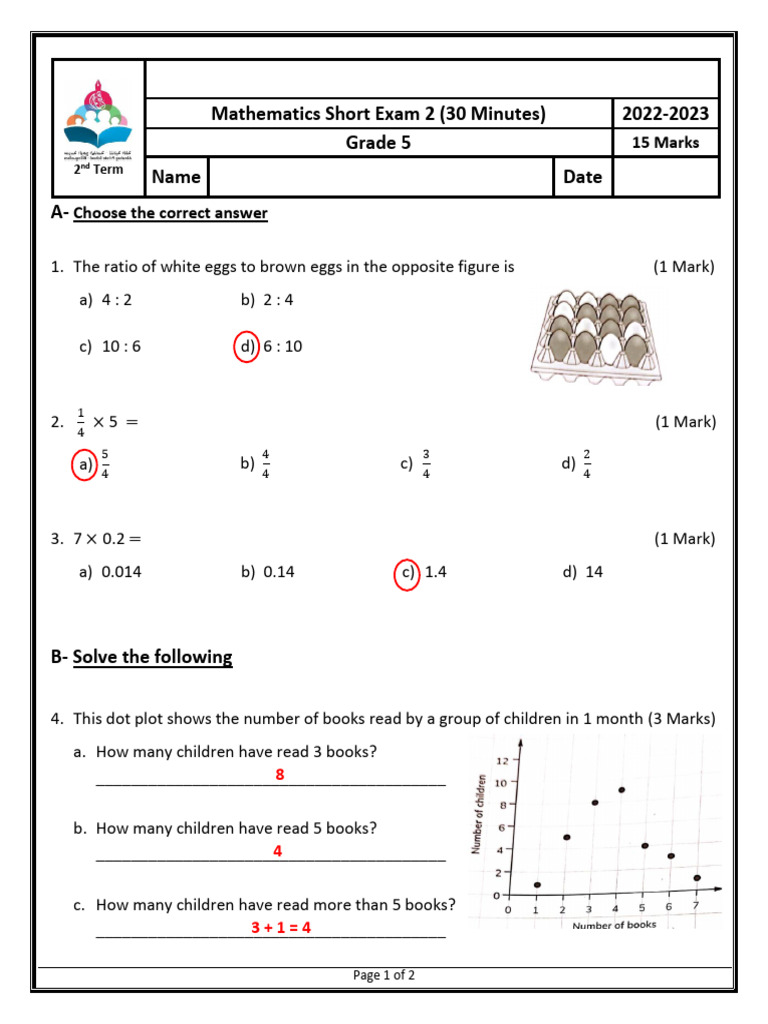 Math - 2nd Term - Short Exam-2 - Grade-5 + Answer | PDF | Area ...