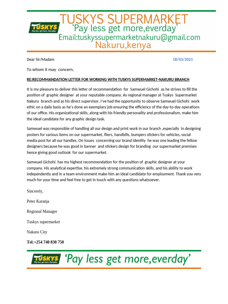 Tuskys Recommandation Letter | PDF
