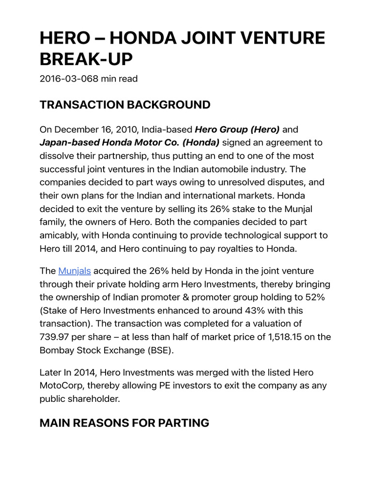 Hero - Honda Joint Venture Break-Up M&a Critique | PDF | Joint Venture ...