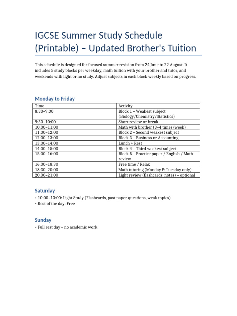 IGCSE Summer Study Schedule Guide | PDF